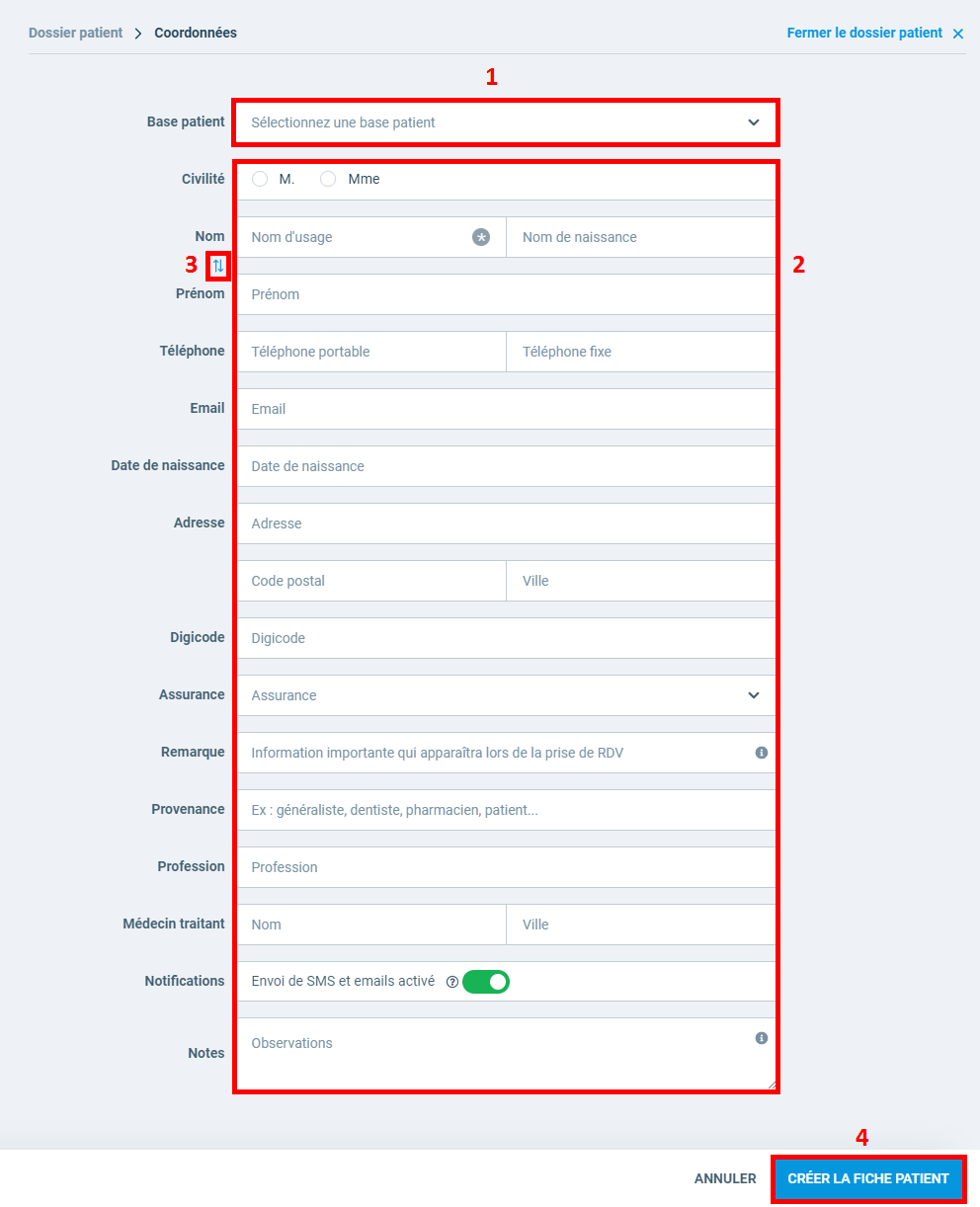 Gérer les fiches patient – Rubrique d'aide