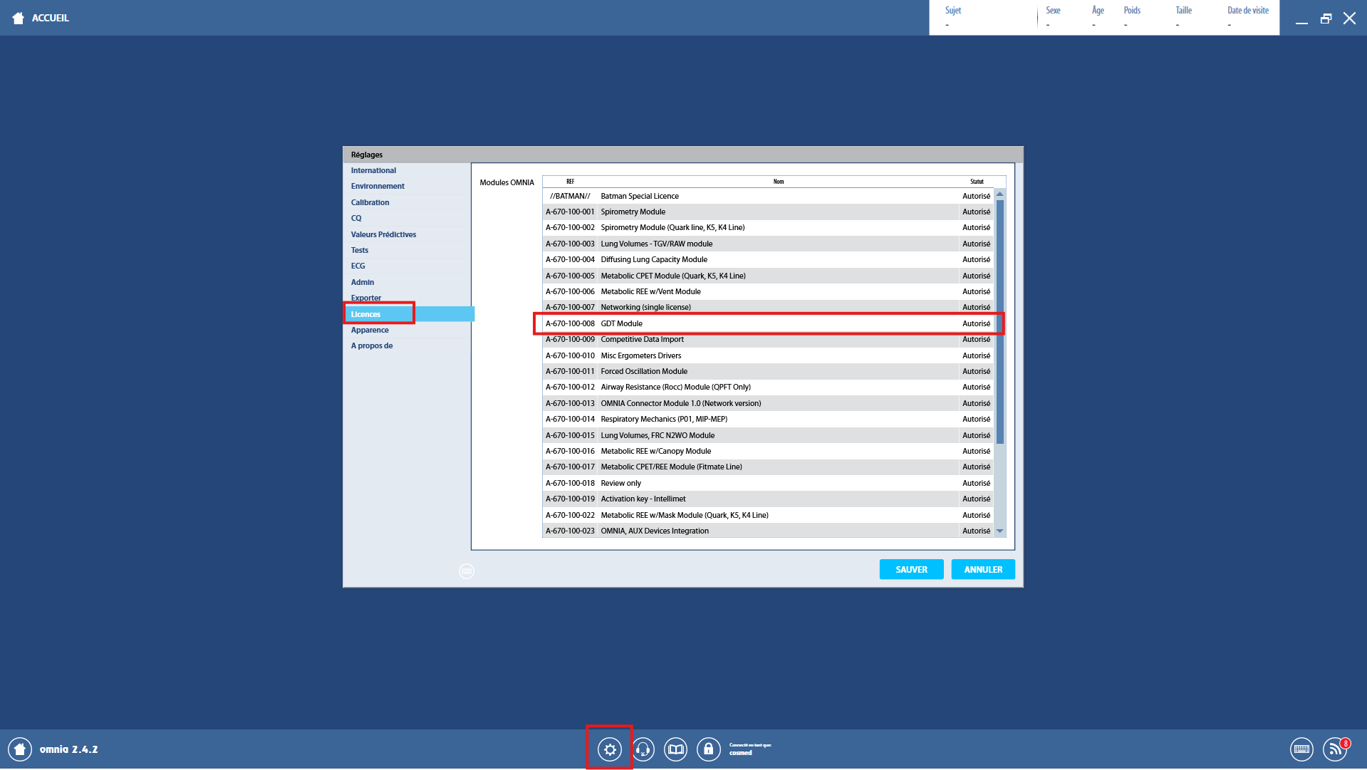 Intégration du logiciel Omnia de COSMED – Rubrique d'aide